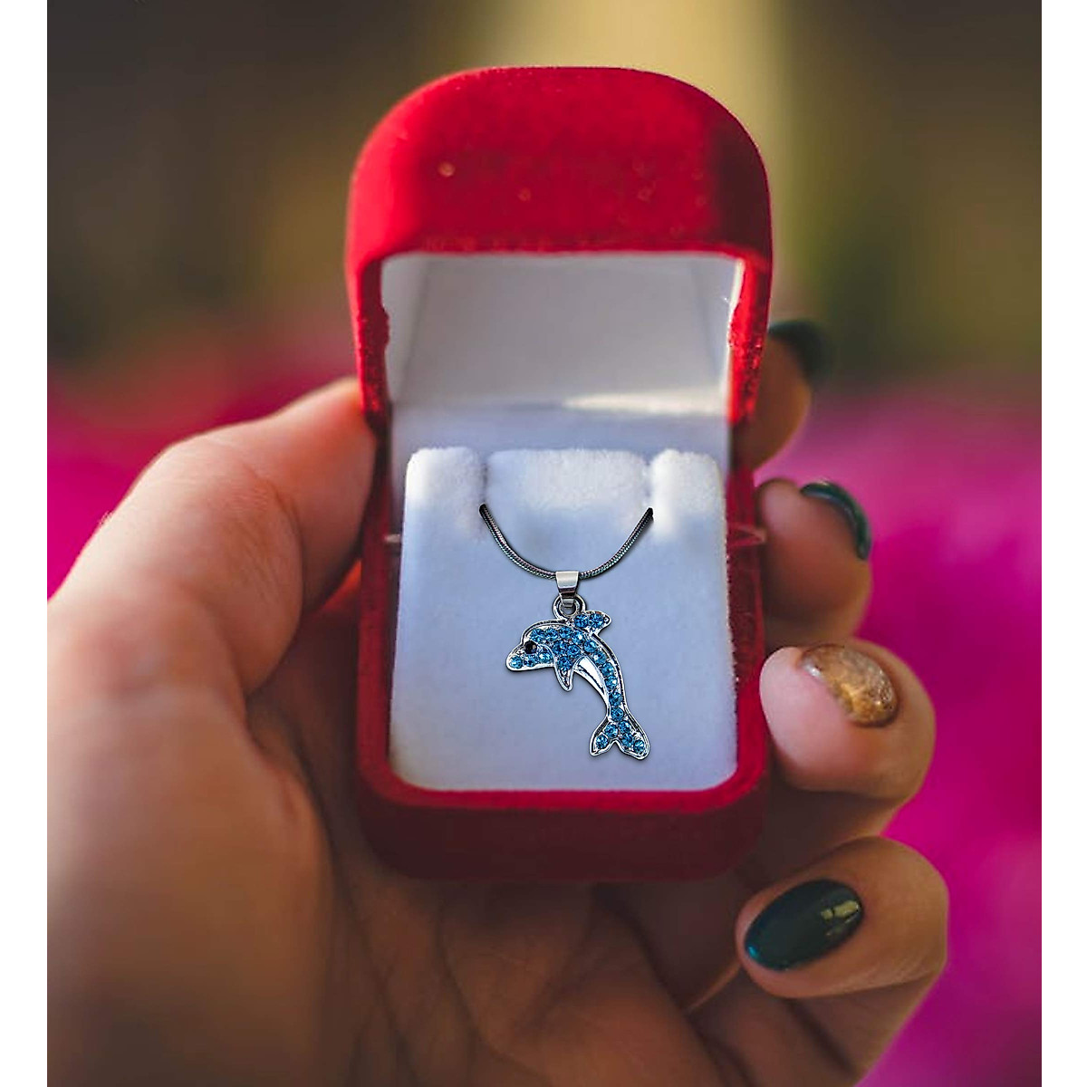 Puzzled Silver Dolphin Necklace - Charming Blue Pendant Necklace With Sparkling Rhinestone Crystals, Cute Dolphin Jewelry for Women, Elegant Ocean Charm Necklace Gift for Any Occasions - 18 Inches