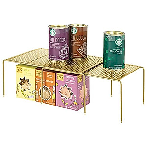 mDesign Adjustable Raised Metal 4-Piece Kitchen Stacking Organizer, Expanding Storage Rack - Cupboard, Pantry Shelf, Non-Skid Feet, Hold Dishes, Bowls, Mugs, Concerto Collection, 2 Pack, Soft Brass