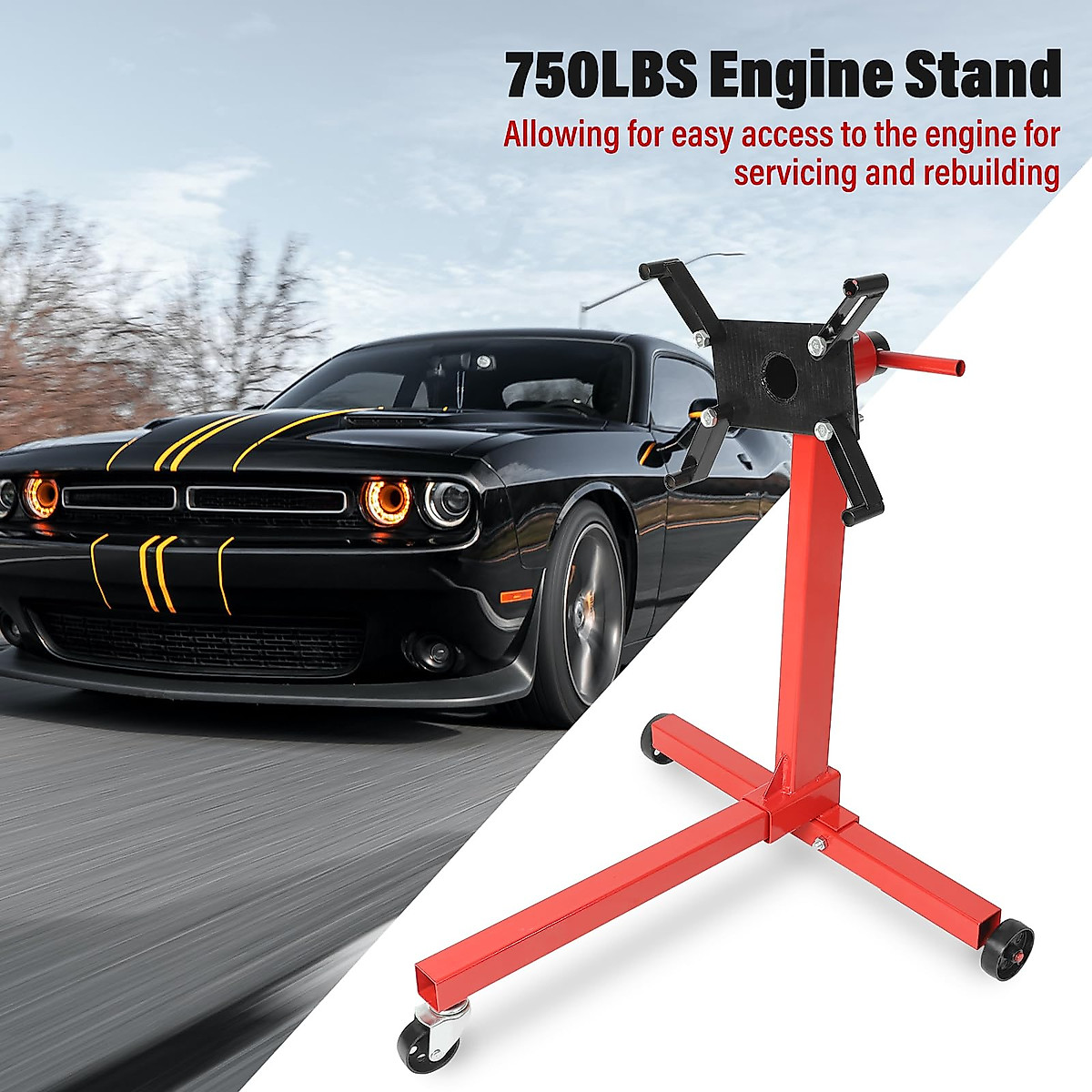 BLACKHORSE-RACING Auto Repair Rebuild Steel Engine Stand Folding Motor Hoist Dolly Mover Jack with 360 Degree Rotating Head, 750 LB Capacity, Red