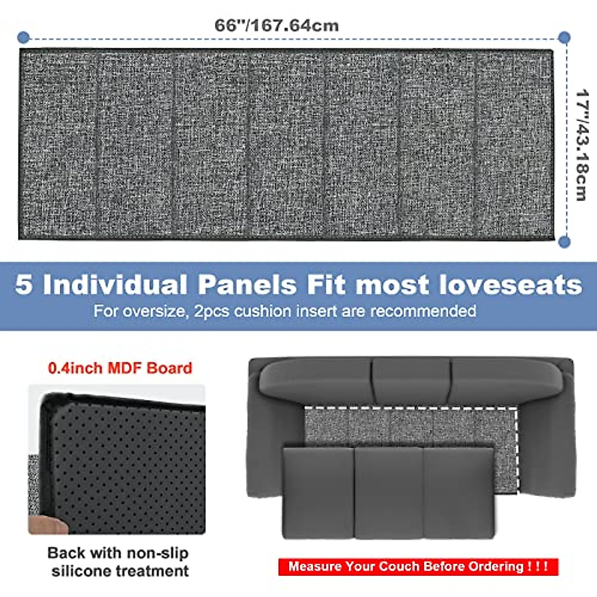 VERONLY Couch Cushion Support for Sagging Seat -[66"x17"x0.4" ] Sofa Saver Protector Insert Board Sagging Cushions, Sofa Replacement Parts Fit 3 Seat Couch with Non-Slip Surface & Extra Thick MDF