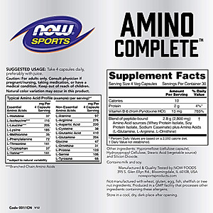NOW Sports Nutrition, Amino Complete™, Protein Blend With 21 Aminos and B-6, 120 Veg Capsules