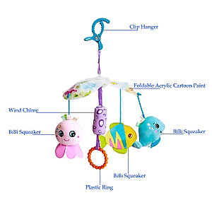 Cute Car Seat Hanging Toys for Baby, C Clip Hanging Ocean Animal Soft Toys with Rattles BB Squeaker Distorting Wind Chime for Boys Girls 0 3 6 12 Months