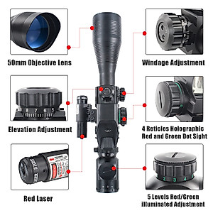 UUQ C4-12X50 Rifle Scope Dual Illuminated Reticle W/Laser Sight and Holographic Dot Reflex Sight (Red Laser)