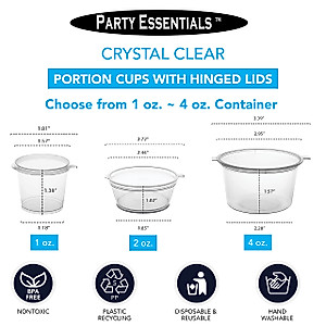 Party Essentials Leak Proof Plastic Condiment Souffle Containers with Attached Airtight Portion Cup with Hinged Lid for Sauces, Samples, Slime, Jello Shot, Storage, Craft, 100 Sets, 2 oz, Clear