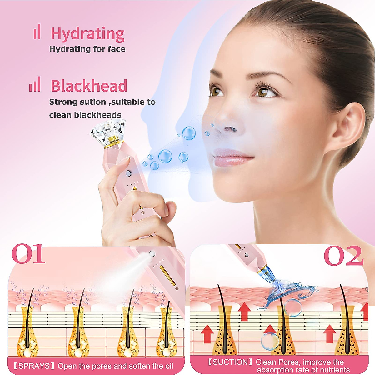 Blackhead Remover Pore Vacuum,Facial Sprayer Oxygen Hydrating,2 in 1 Multifunction Derma Blemish Removal Cleanser, Face Steamer Whitehead Acne Remover, Deeply Spots Cleaner Suction (Pink)