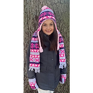 N'Ice Caps Kids Hat Glove Scarf Girls Winter Knit Accessory Set Warm Sherpa Lined 3 Piece (8-12 Years, purple/turq/fuchsia/black)