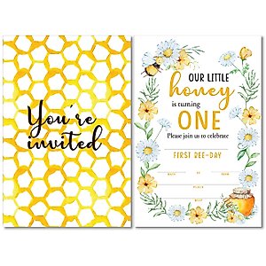 Soiceu Cute Bee-Day Bee 1st Birthday Invitations with Envelopes Set of 20 Watercolors Beehive Bee 1 Year Old First Birthday Party Invites