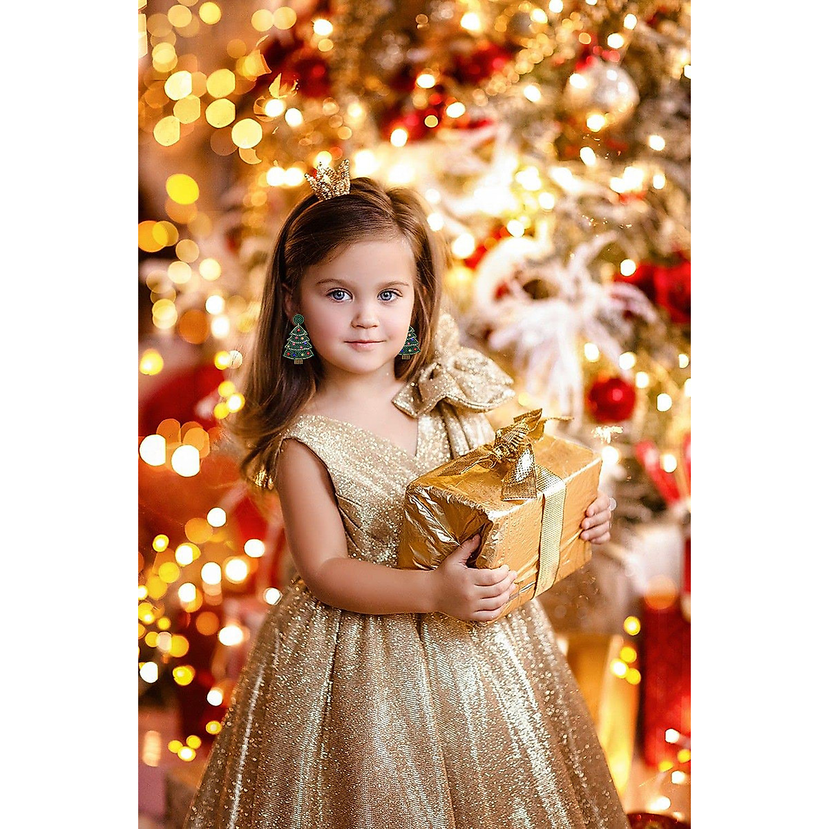 2 Pairs Christmas Earrings Beaded Christmas Tree Crystal Light Lamp Drop Dangle Earrings Xmas Statement Festive Holiday Earrings Accessory Gifts