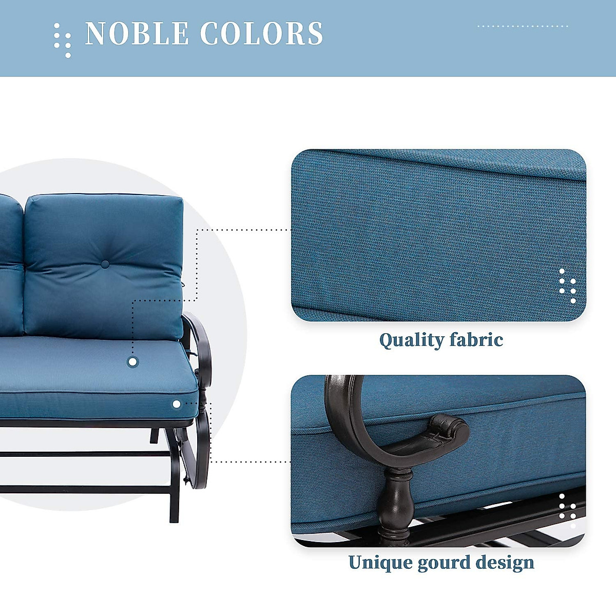 SUNCROWN Outdoor Swing Glider Chair, Patio 2 Seats Loveseat Rocking Chair with Cushions, Steel Frame Furniture - Peacock Blue