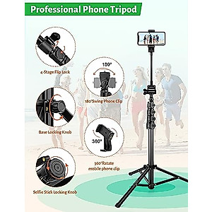 Nineigh Tripod for Cell Phone, 76" Phone Tripod with Gooseneck & Remote, Selfie Stick Portable Tripods Video Recording Photo Vlog, Compatible with iPhone Plus Cellphone Camera
