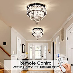 Cainjiazh 11.8" Dimmable Crystal Chandelier Crystal Ceiling Light Modern Crystal Chandeliers Flush Mount Ceiling Light Lamp Fixture for Dining Room Living Room Bedroom Hallway Remote Control