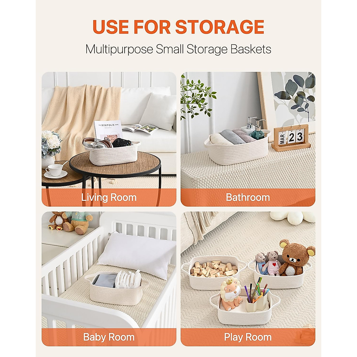 Small Woven Basket, 12 x 8 x 4.5 Inches, Small Storage Baskets for Organizing, Gift Baskets Empty, Cute Small Rope Shelf Closet Storage Bins Baskets for Shelves, Dog Toy Basket, 3 Packs, Off White