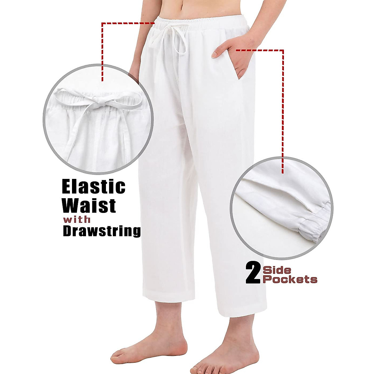 Bonnorth Women's Linen Beach Capri Pants Womens Lounge Loose Running Pants for Women Wide Leg Plus Size Casual Pants for Women Yoga Golf Lightweight Pants White L