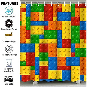 ENCOFT 2 Pcs Lego Shower Curtain with Non-Slip Bathroom Rug,Kid Funny Waterproof Shower Curtain Sets with Bath Mat and 12 Hooks
