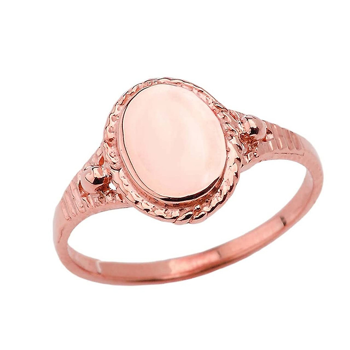 10K Rose Gold Engravable Oval Signet Ring with Rope Detail, Fluting, and Tapered Shank - Size 6-3/4