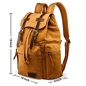 GEARONIC 21L Vintage Canvas Backpack for Men Women Leather Rucksack Knapsack 15 inch Laptop Tote Satchel College Military Army Shoulder Rucksack Hiking Bag-Yellow