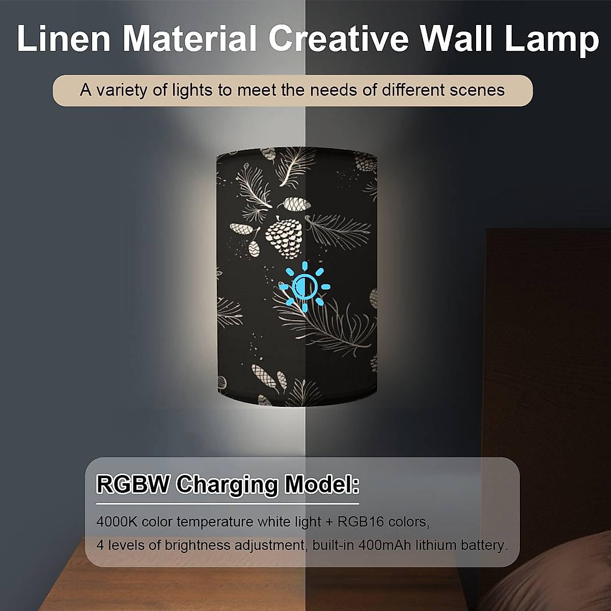 AURFIAIUOP Rechargeable Sconces Set of Two Pine Cones Christmas Adjustable Brightness Fabric Wall Lamps Wireless Lights Fixtures for Bedroom Living Room Hallway