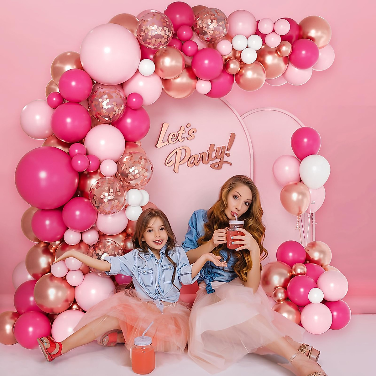 135pcs Pink Balloon Arch Garland Kit with Different Sizes Hot Pink Light Pink Metallic Rose Gold Balloons for Birthday Princess Baby Shower Bridal Shower Bachelorette Party Decorations