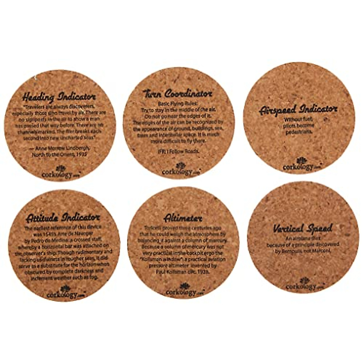Corkology Aviation Set Flight Instruments Coasters, 3.75" dia, Cork
