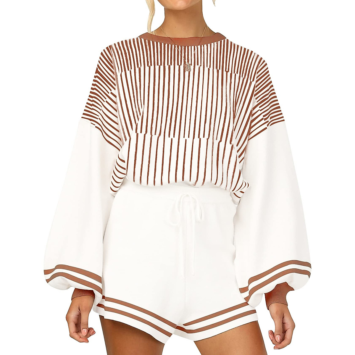 Gihuo Women' s Striped 2 Piece Outfits Crewneck Knit Pullover Sweater Shorts Set Wide Leg Matching Set Loungewear(Brown-M)