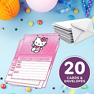 Set of 20 Cute Pink Cat Term or Description -Themed Happy Birthday Invitation Cards & Envelopes - Lightweight (240g), Postcard Style Invites for the Perfect Party Pack