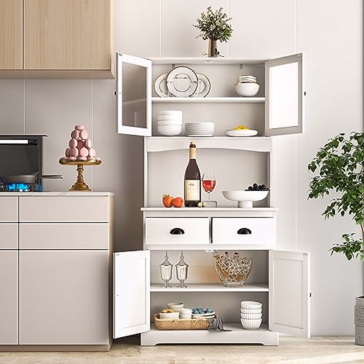 PETSITE Kitchen Hutch Storage Cabinet, Pantry Buffet Cabinet w/Tempered Glass Doors, Double Drawers, Adjustable Shelves & Anti-toppling Fitting, Tall Cupboard for Dining Room (White)