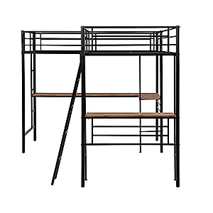L Shaped Metal Loft Bed with Desk, Modern Style Heavy-Duty Steel Frame Twin Loft Bed with Safety Rail, Built-in Ladder for Bedroom, Dorm, Boys, Girls, Adults (Twin Size, Black)
