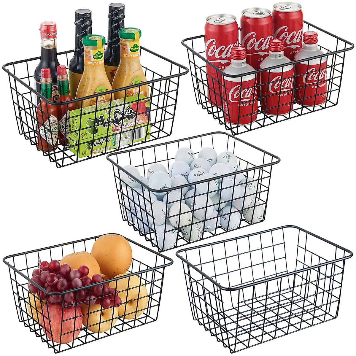 Pantry Organization and Storage 5 Pack , Wire Storage Baskets for Kitchen, Laundry, Garage, Fridge, Bathroom Countertop Organizer,Black