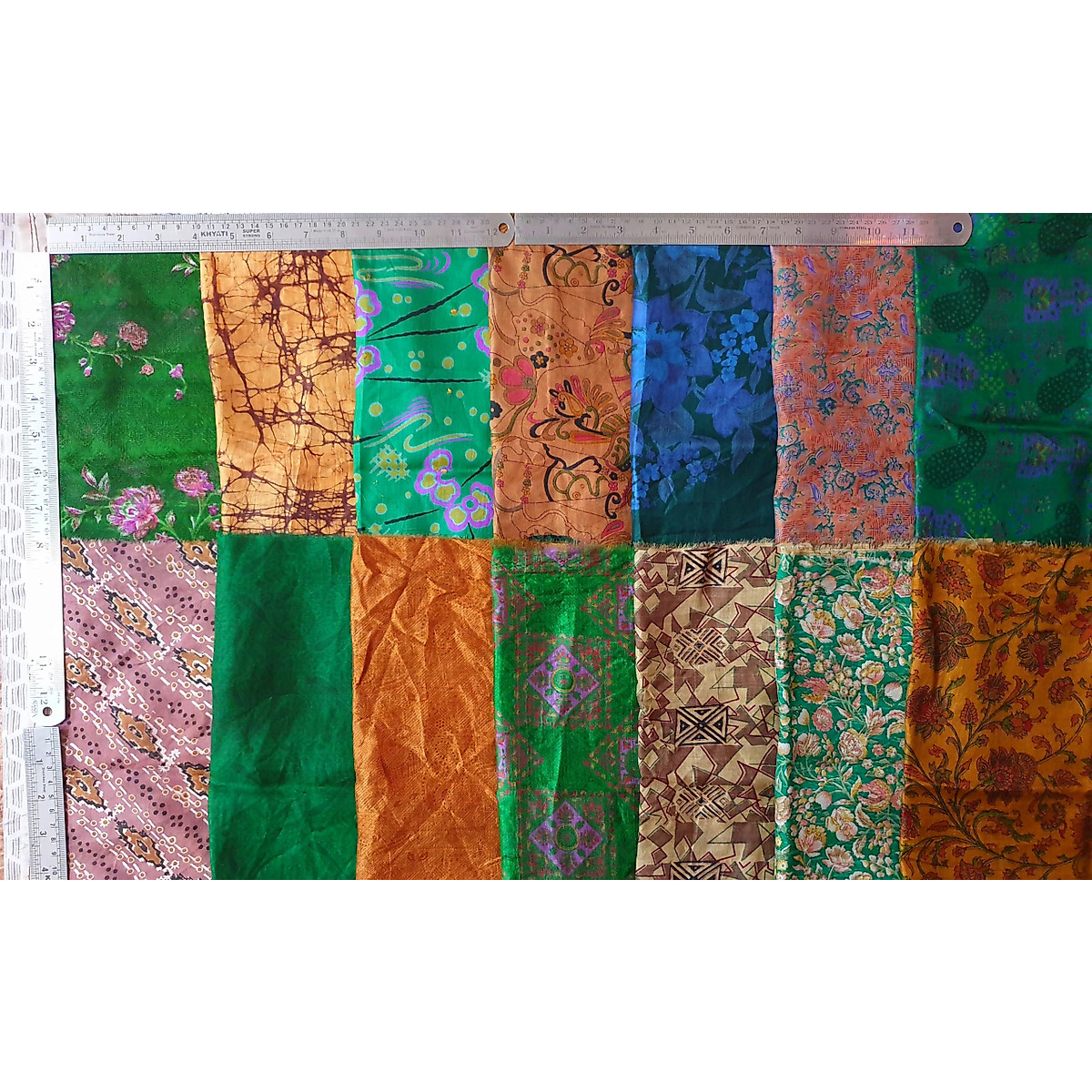 Vintage Sari Fabric 14 Pcs Brown & Green 12"*20" Silk Sari Scrap Remnants Lot for Journal Scrapbook Wrap Craft Project Jewelry Applique DIY Gift Wrap BRGR14