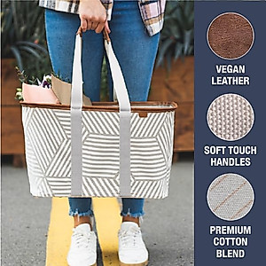 CleverMade Collapsible LUXE Tote, Geometric Taupe - 30L (8 Gal) Structured Tote Bag with Handles and Reinforced Bottom - Reusable Grocery Bag, Shopping Bag, Utility Tote Bag