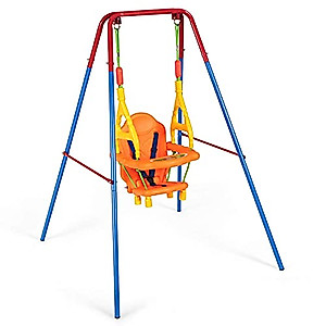 Costzon Toddler Swing Set, Outdoor A-Frame Swing for Backyard with Safety Harness and Handrails, Swing Stand Frame with Anti-Rust Frame for Outdoor Garden Backyard Kindergarten (Swing with Handrails)