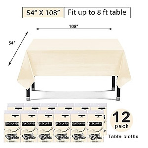 Eleclassi Ivory 12 Pack Premium Disposable Plastic Tablecloth 54 x 108 in - Plastic Table Cloths for Parties Disposable Tablecloth for Rectangle Tables Up to 8 Ft - Rectangle Tablecloth