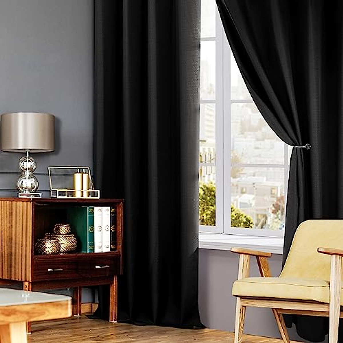 Deconovo 100% Blackout Curtains 84 Inches Long, Grommet Total Blackout Curtains - Room Darkening Lightweight Black Faux Linen Curtains for Living Room, 52x84 Inch, 2 Panels