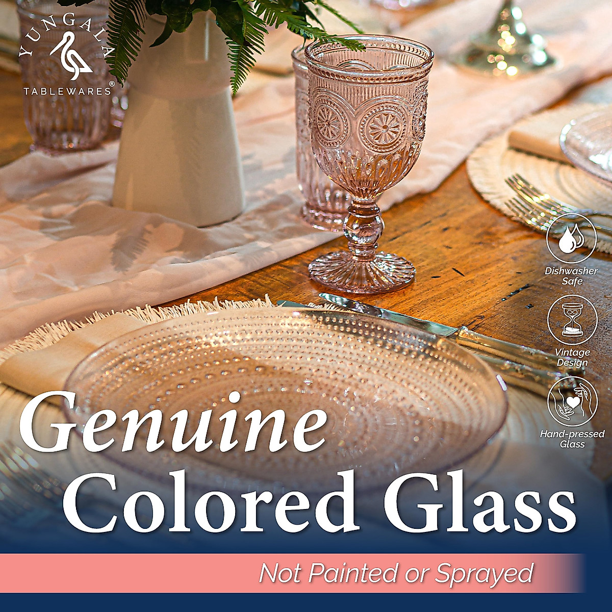 Yungala Pink Glassware Bundle - NEW Pink Wine Glasses Sunflower - Small Pink Cups (Sunflower) - Pink Glass Plates - Matching Pink Glassware Sets with Sunflower Emboss Design