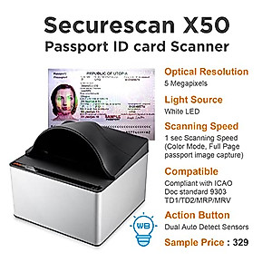Plustek SecureScan X50 - Passport and ID Card Scanner, Auto-Detect and Scan in 1 Sec Support ICAO Doc 9303 Standards. for Windows only