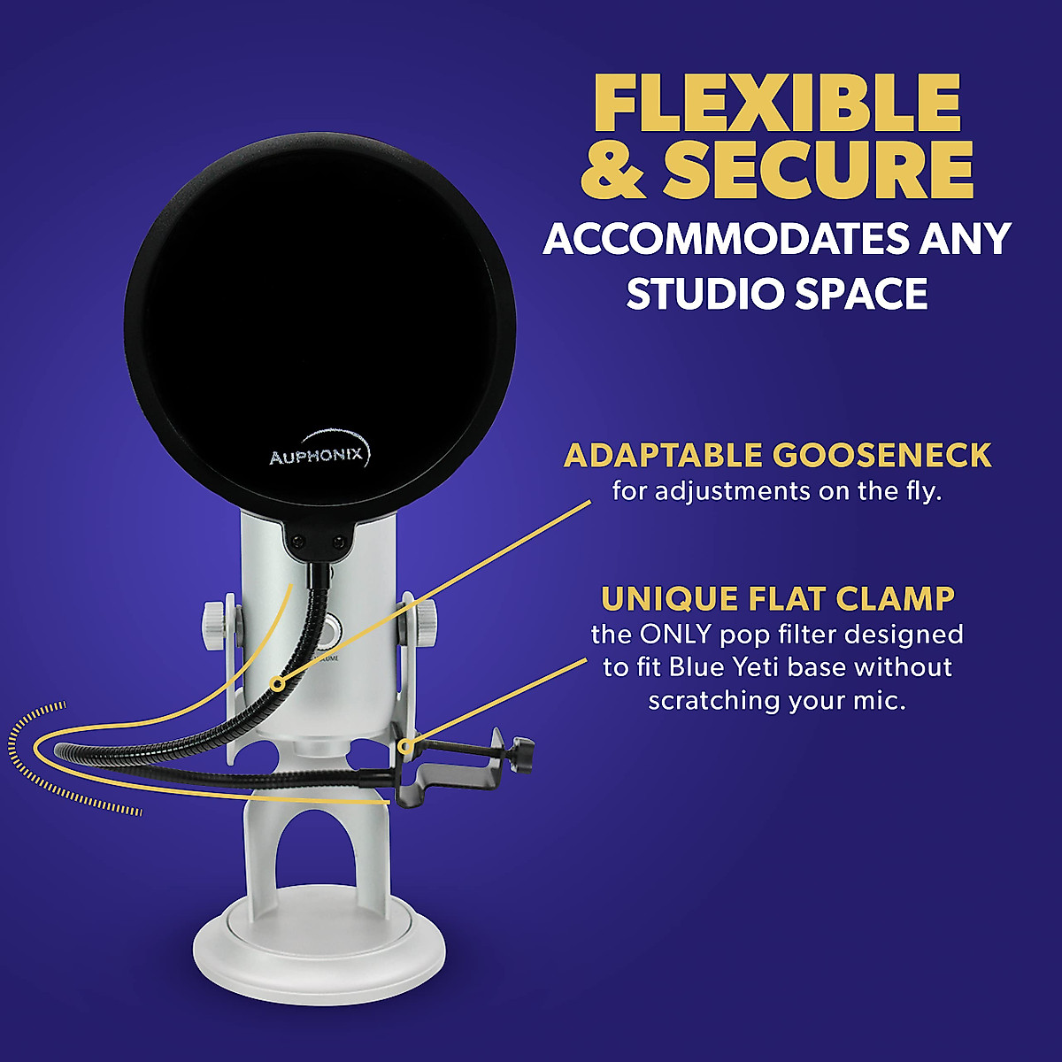 Auphonix Pop Filter Screen for Microphones - Gooseneck Clamps Compatible with Blue Yeti Microphone - Great Gift