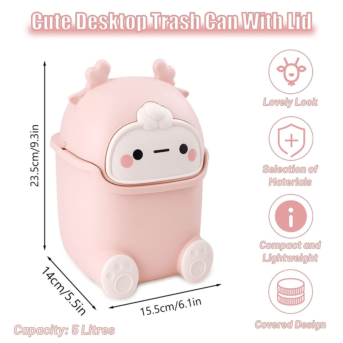 TIE-DailyNec Cute Desktop Trash Can with 90 Trash Bags, Mini Creative Trash Can with Flip Lid Plastic Storage bin, Waste Basket Garbage Can for Bathrooms Kitchens Offices Dressing Table (Pink)