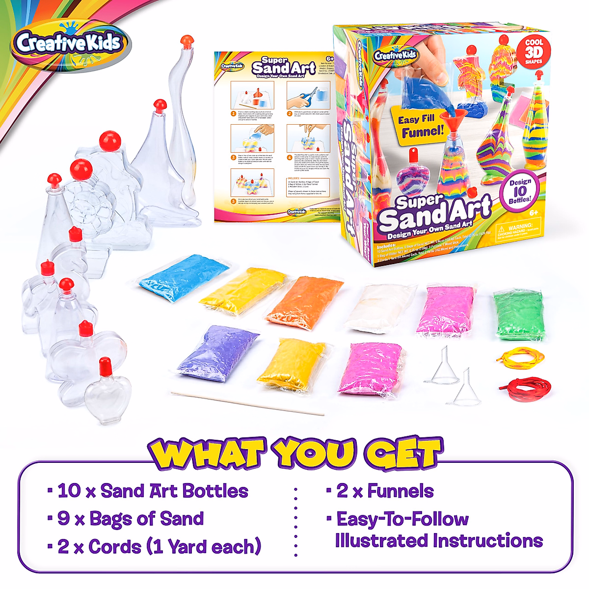Creative Kids Sand Art Activity Kit for Kids-10 Sand Art Bottles &10 Colored Cool Sand Bags+Glitter Sand-Create Your Own Sand Art-DIY Arts & Crafts Gifts for Kids Boys Girls Age 6+ Packaging May Vary