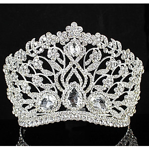 Janefashions Large Floral Clear White Austrian Rhinestone Crystal Tiara Crown With Hair Comb Headband Veil Headpiece Beauty Queen Princess Pageant Theater Show Bridal Gold Silver T901 (Silver)
