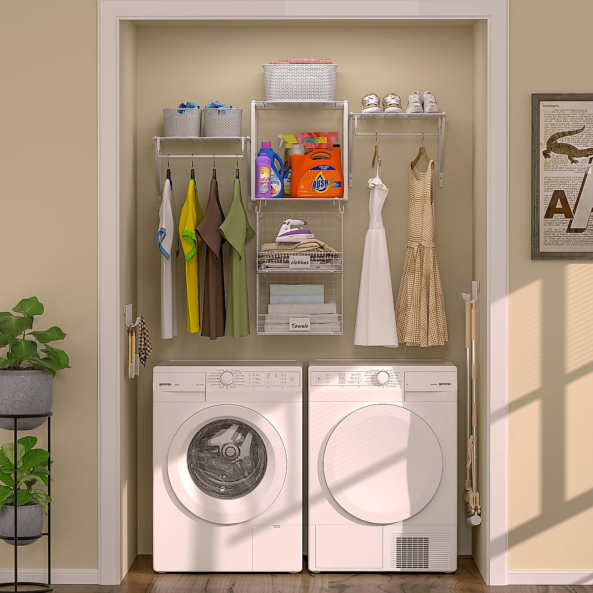 ThreeHio 3 Pack Laundry Room Shelves Wall Mounted with Wire Storage Baskets, Over Washer and Dryer shelves with Hanging Rods and Hooks, Wire Wall Shelves Baskets for Laundry Organization and Storage