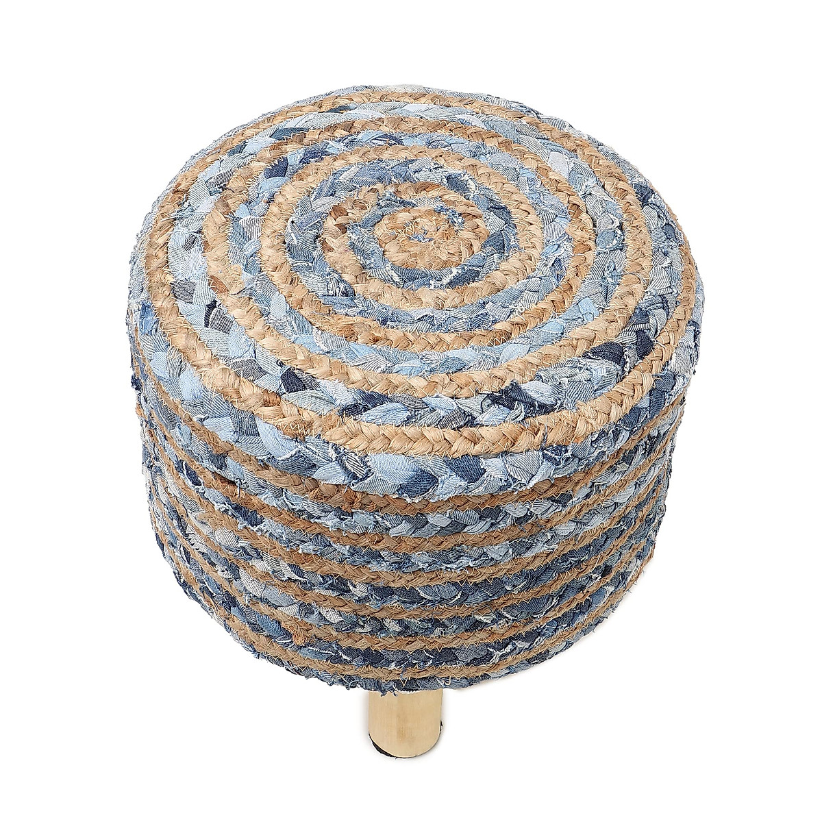REDEARTH · Foot Stool -Handmade Wooden 4 Legs Jute and Denim Seat Footrest for Living Room, Bedroom, Nursery, kidsroom, Patio, Gym; 50% Cotton 50% Jute (16"x14"x14"; Levi Charm Denim Blue)