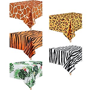 Animal Safari Tablecloth Jungle Animal Theme Tablecover Tiger Zebra Giraffe Print Table Cover Tropical Leaf Tablecloth Party Supplies for Jungle Safari Birthday Baby Showers (Greenery Style, 5 Pcs)