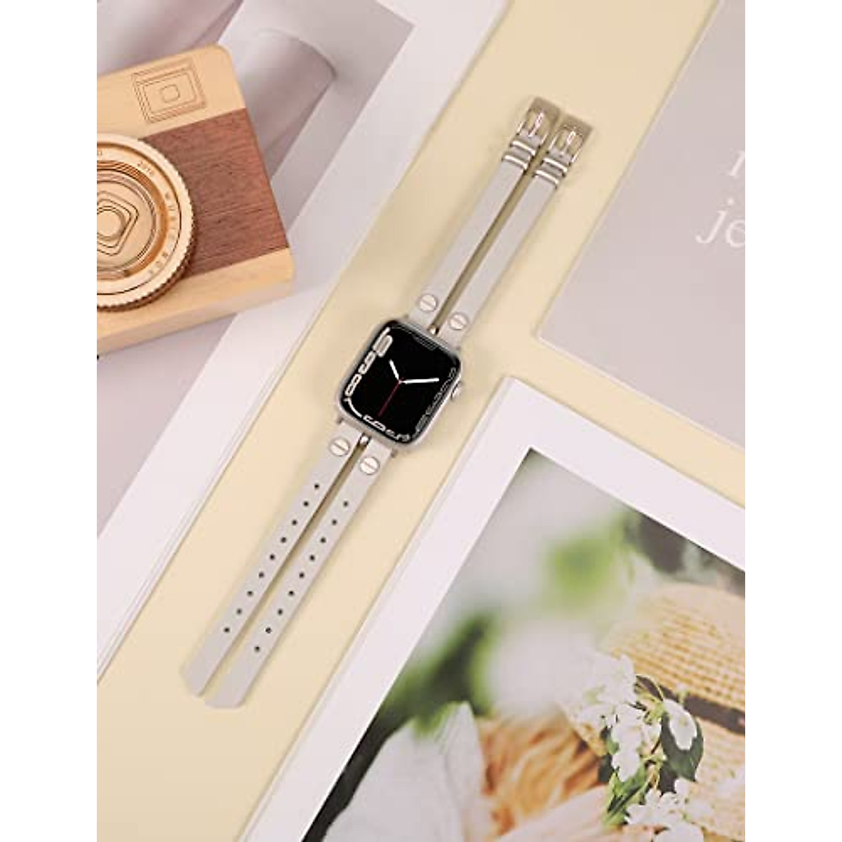 Wearlizer Leather Bands Compatible with Apple Watch Band 38mm 40mm 41mm Women, Double-Row Design with Rivets Decoration Stylish Strap for iWatch Series SE/9/8/7/6/5/4/3/2/1(Starlight with Starlight)