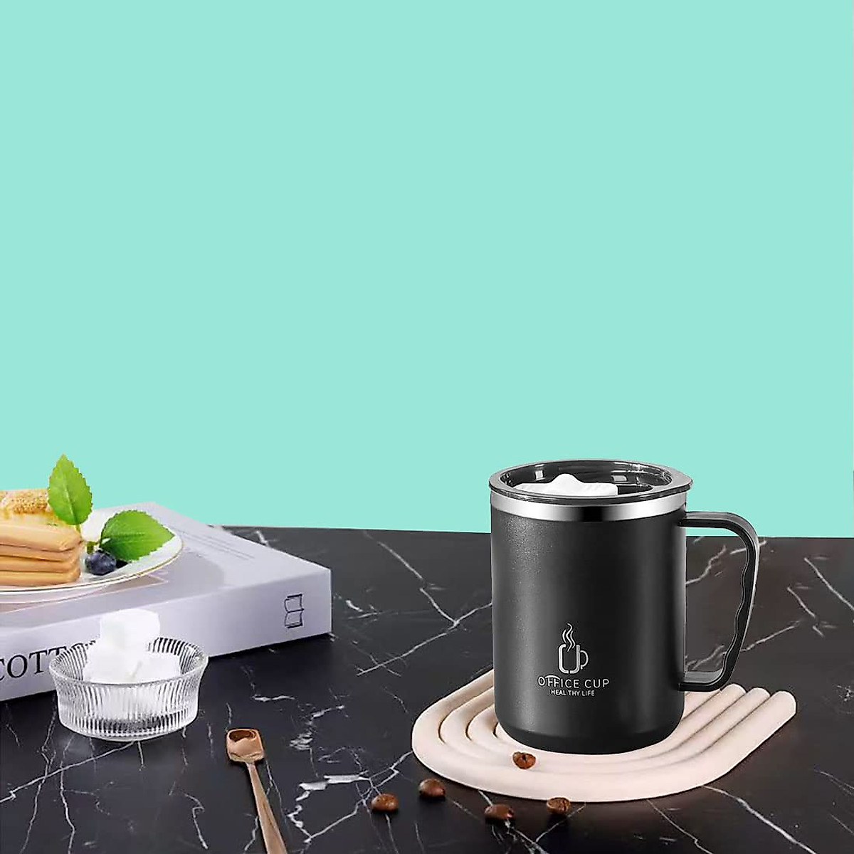 Lcxecnw Coffee Cup Mug with Handle,16 oz Stainless Steel Mugs,Double Wall Vacuum Travel Mug,Tumbler Mugs with Straw and Sliding Lid,Hot & Cold Drinks for Home Office (Black)