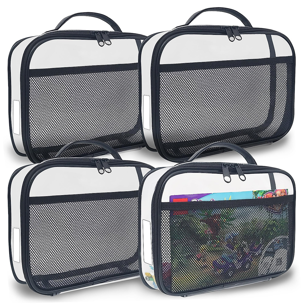 holay 4 Packs PVC Zippered Blocks Set, Toy, Clay, Board game Storage Organizer Case (Name Tag, Manual Pocket) (Black, Small)