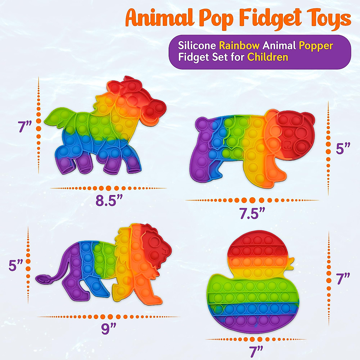 Animals Pop Fidget Toys Set, Silicone Rainbow Dinosaur Popper Fidget Set for Children, Sensory Squeeze Toys Stress Reliever Tool for Kids Adult ADHD Lion, Tiger, Horse and Duck 4 Pack