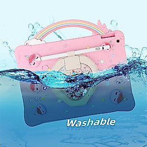 [Super Cute Rainbow Handle Unicorn Case] Pop it Case iPad Mini 6th Generation 2021 (8.3 Inch) Cover for Kids Girls with Hand Strap and 360° Rotating Stand - Pink