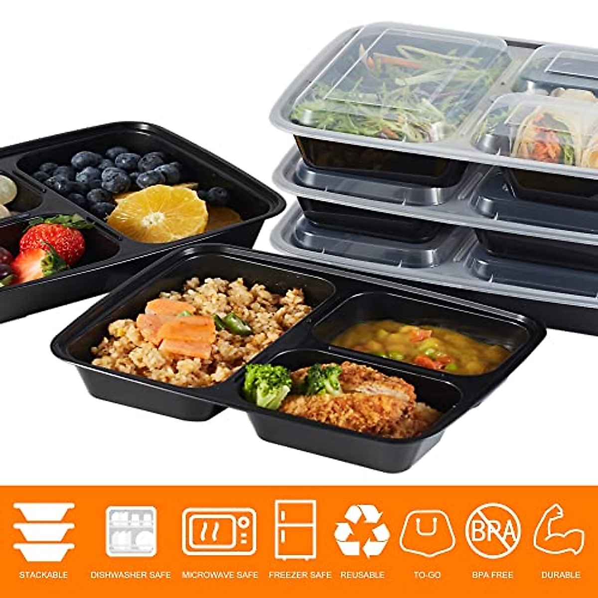 Nutribox [15 pack] 32oz 3 Compartment Meal Prep Containers with Lids - Bento Box - Durable Plastic Reusable Food Storage Containers - Stackable, Reusable, Microwaveable & Dishwasher Safe