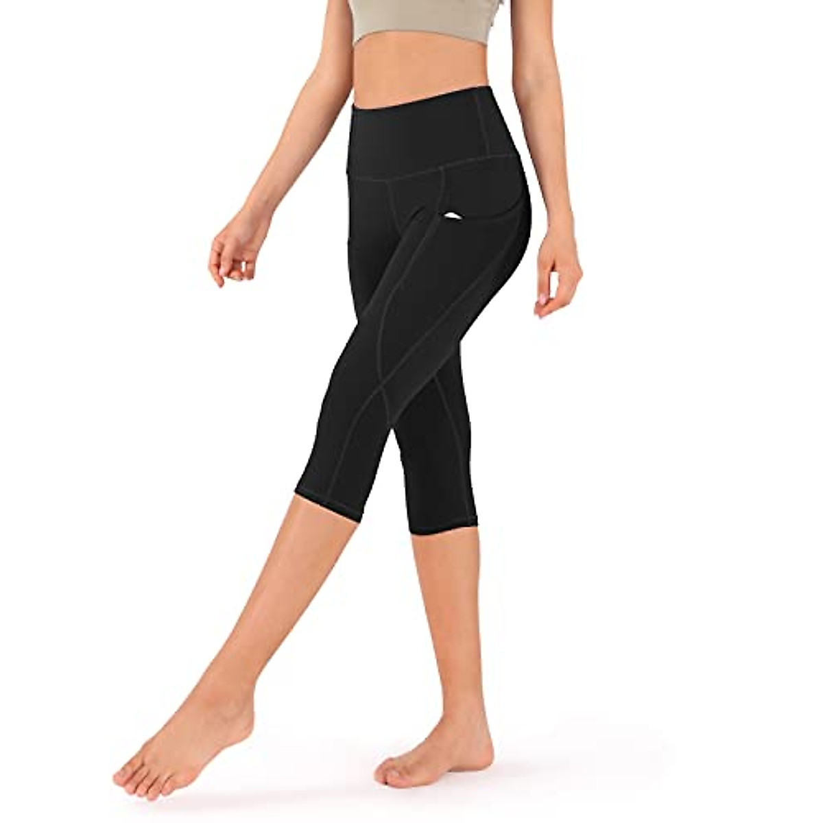 ODODOS Women's High Waisted Yoga Capris with Pockets,Tummy Control Non See Through Workout Sports Running Capri Leggings, Black,Medium