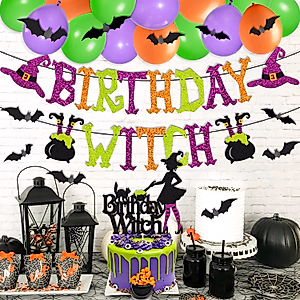 Halloween Birthday Witch Banner with Witch Cake Topper 12 Pieces 3D Bats Props Decoration 24 Pcs Balloons for Ghost Zombie Vampire Haunted House Halloween Birthday Party Supplies